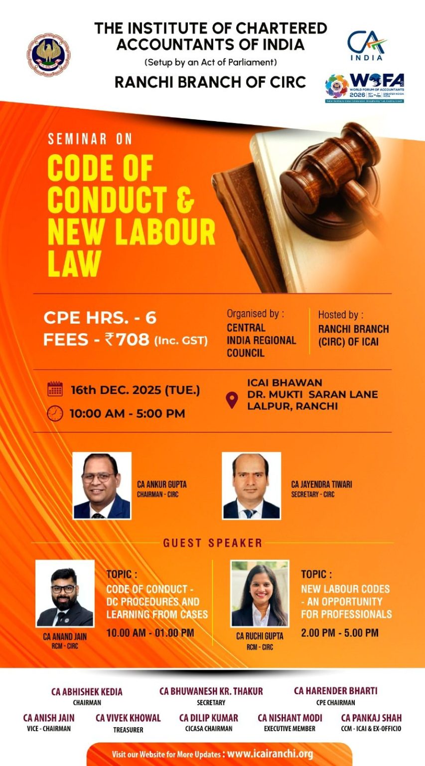 Seminar on “Code of Conduct & New Labour Law” – Ranchi Branch of CIRC ...